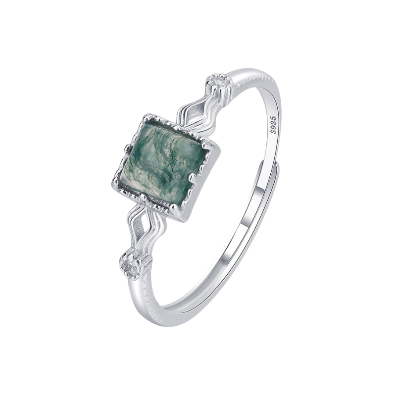 Moss Agate Square Gem Ring with Elegant Curved Detail - Adjustable Size ...